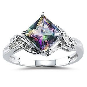 Vogati 0.06 Cts Diamond & 1.48-1.86 Cts 7 mm AAA Princess Mystic Fire Topaz Ring in 14KW Gold-7.5