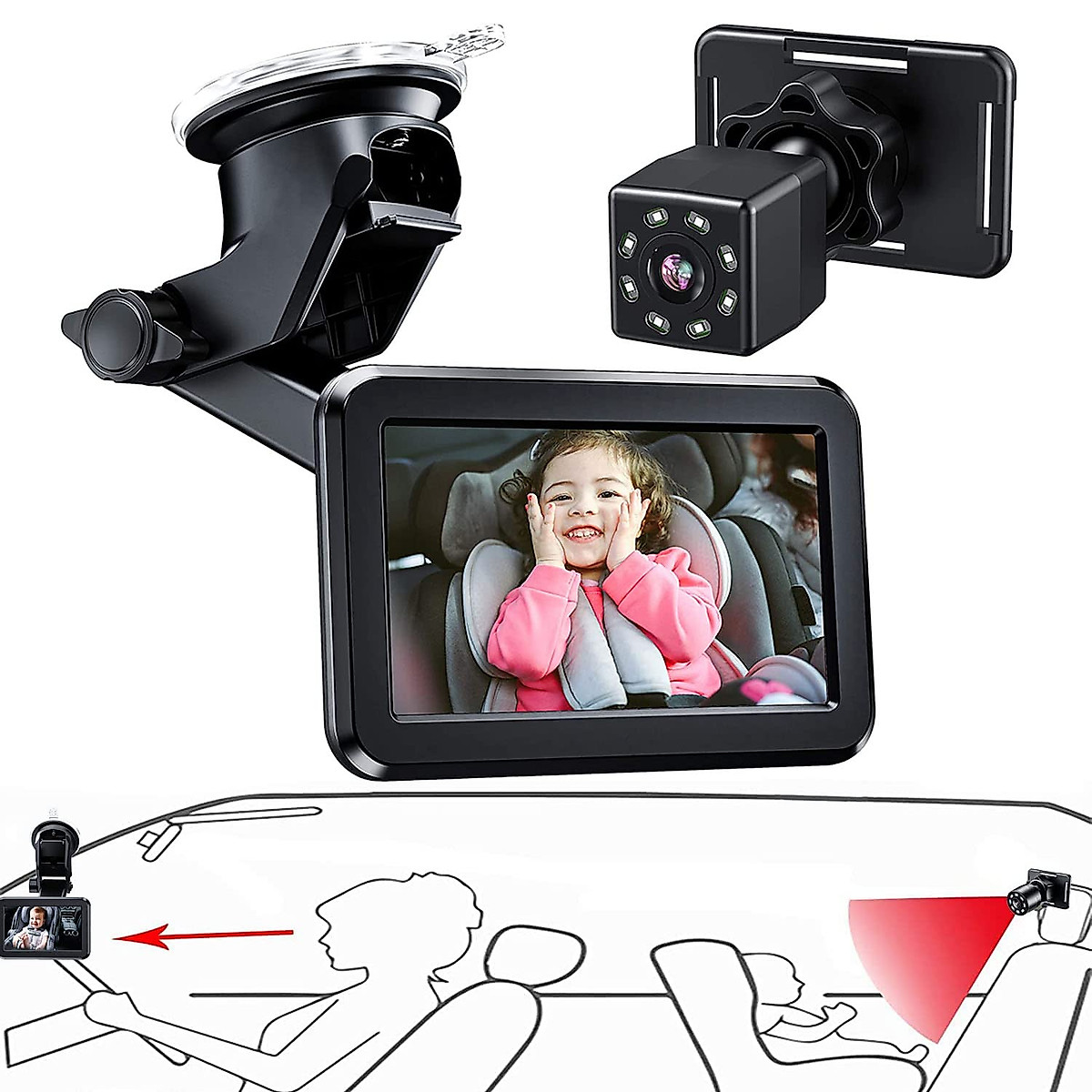 FEISIKE Baby Car Camera, Baby Car Mirror with HD Wide Display & Crystal Clear View & Night Vision & Stable Sucker Bracket, Observe Baby While Driving,Newborn Infant Car Baby Monitor with Camera