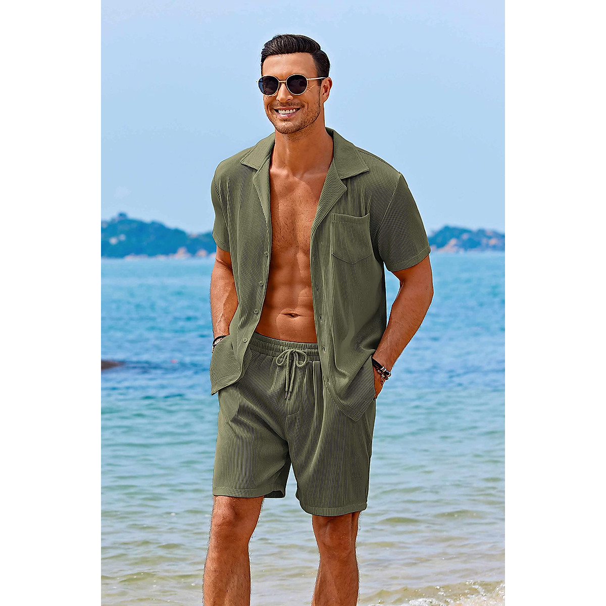 COOFANDY Men's 2 Pieces Shirt Sets Short Sleeve Casual Button Down Hippie T-Shirts Shorts Sets Summer Fashion Beach Outfits