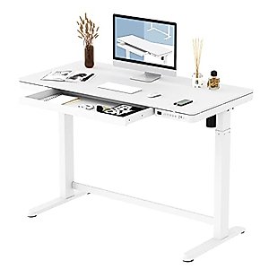 FLEXISPOT EW8 Comhar Electric Standing Desk with Drawers Charging USB A to C Port, Height Adjustable 48" Whole-Piece Quick Install Home Office Computer Laptop Table with Storage (White Top + Frame)