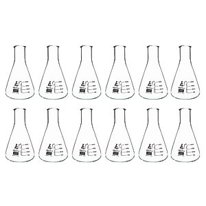 12PK Erlenmeyer Flasks, 150ml - Borosilicate Glass - White Graduations - Narrow Neck - Pack of 10 Flasks - Eisco Labs