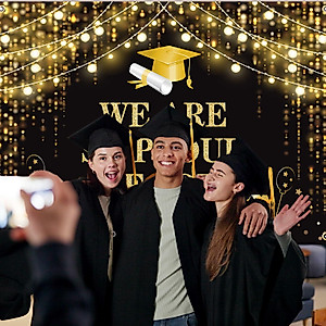 Avezano Graduation Party Backdrop Blak and Gold Graduation Party Decorations Proud of You Congrats Grad 2023 Photoshoot Background Banner Supplies (7x5ft)