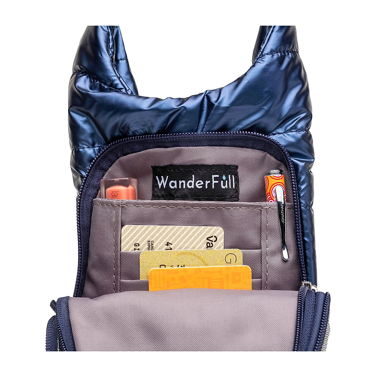 WanderFull Original Crossbody HydroBag | Quilted Water Bottle Carrier | Puffer Tote Tumbler Holder with Pockets for Purse, Phone & Accessories | Carry Travel Essentials (Navy Shiny & Solid Strap)