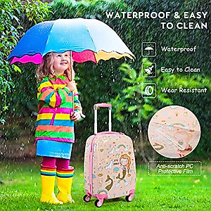 GYMAX 2Pc Kid Carry On Luggage Set, 12" & 18" Kids Suitcase with 4 Spinner Wheels, Travel Rolling Trolley for Boys and Girls, Gift for Toddlers Children (Mermaid)