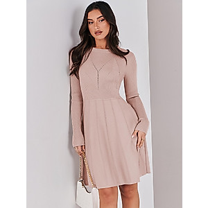 ANRABESS Women Midi Sweater Dress Long Sleeve Crewneck High Waist Casual A-Line Pleated Dresses Pink Small