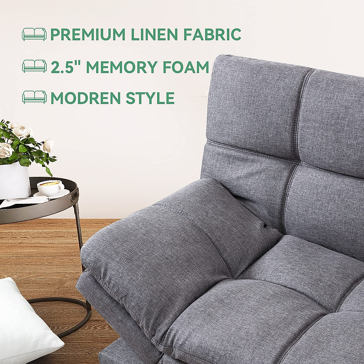 Vyfipt Futon Bed/Couch,Grey Polyester Memory Foam Small Splitback, Easy-Convert Backrests&Armrests,Stain-Resistant Fabric Sofas, 71x33x31.5