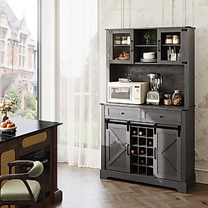 ARTPOWER Wine Bar Cabinet with Sliding Barn Door, 72" Hutch Cabinet with Wine&Glasses Rack, Tall Farmhouse Kitchen Pantry Buffet Cabinet with Drawers for Dining Room, Gray