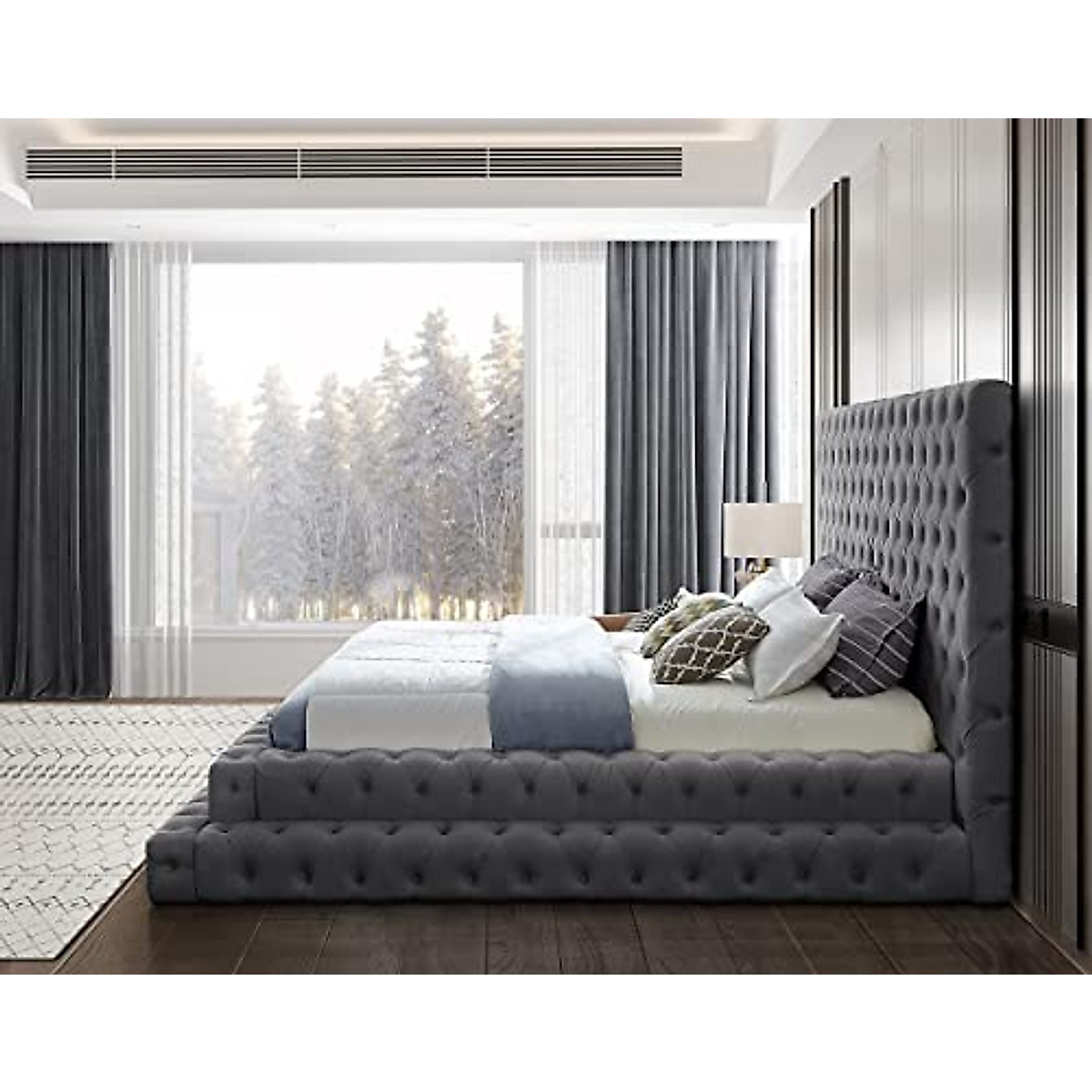 Meridian Furniture Revel Collection Velvet Upholstered Bed with Deep Button Tufting, King, Grey