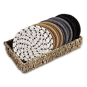 Coasters for Drink Absorbent, Handmade Woven Coasters Set of 8 with Seagrass Basket Holder, Heat-Resistant Coaster for Table Protection, Boho Fabric Coasters Suitable for Kinds of Cups