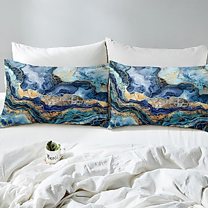 Marble Duvet Cover, 3D Print Grunge Fluid Golden Little Bit Stone Crack Gothic Impressionist Abstract Art Bedding Set, Decorative 3 Piece Comforter Cover With 2 Pillow Shams, Full Size,Teal Blue