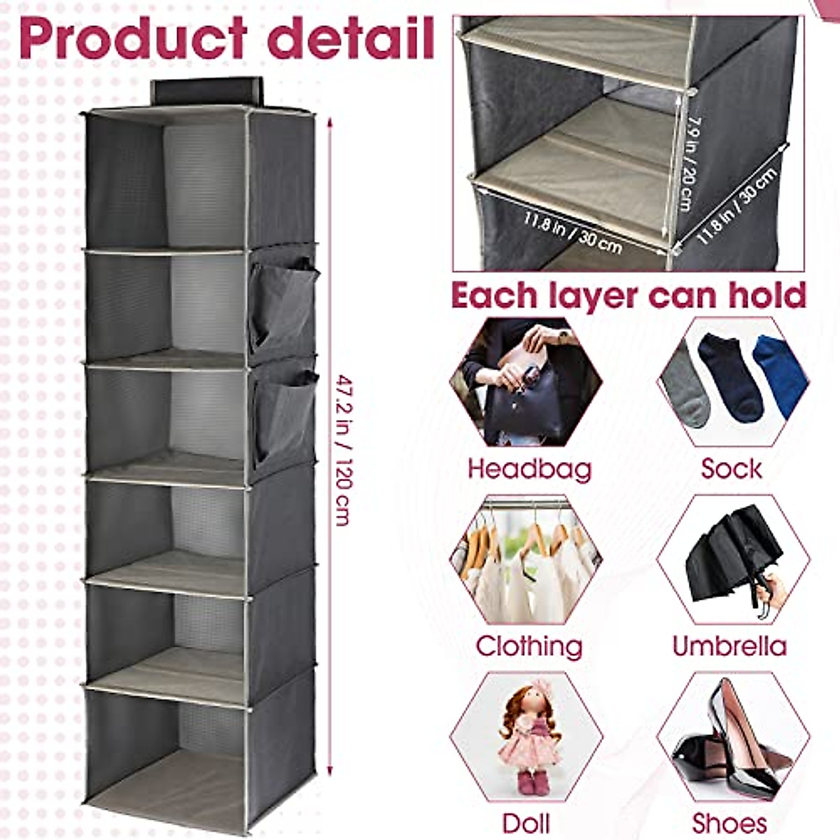 3 Pack Hanging Closet Organizers and Storage, 6 Shelf Hanging Clothing Shelves Collapsible Clothes Closet Organizer Storage Fabric Shelves with Side Pockets