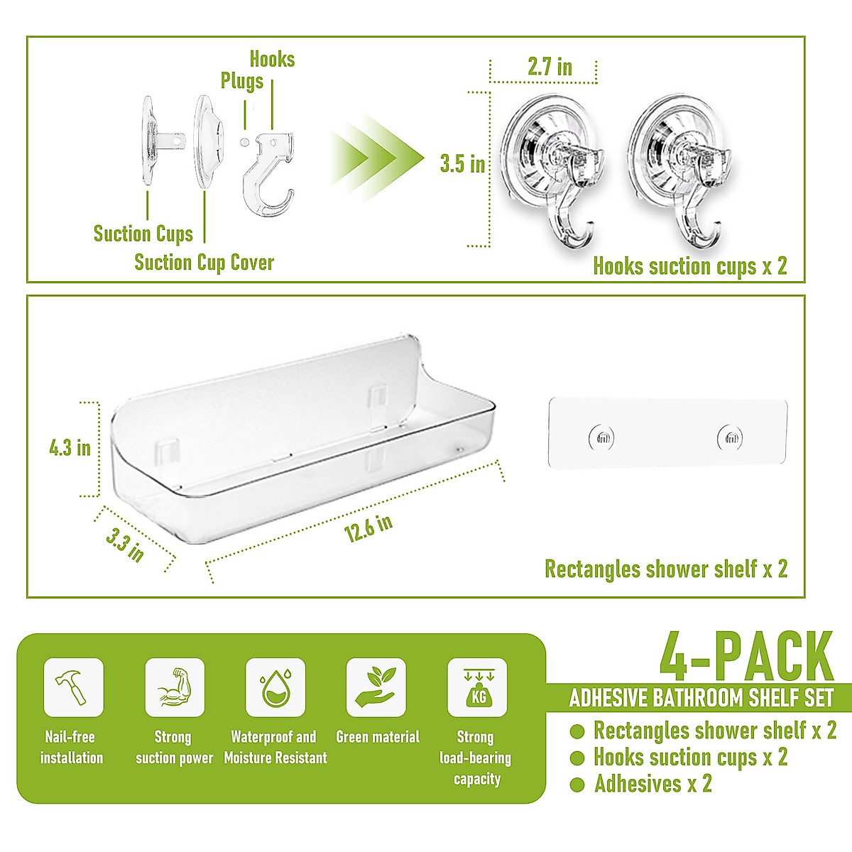 JJunLiM Acrylic shower organizer, Adhesive Clear Acrylic shelves for bathroom Organizer,Transparent No Drilling Wall Mount Shower Rack Storage with Soap Holder and Hooks (Transparent, Long,set of 4)