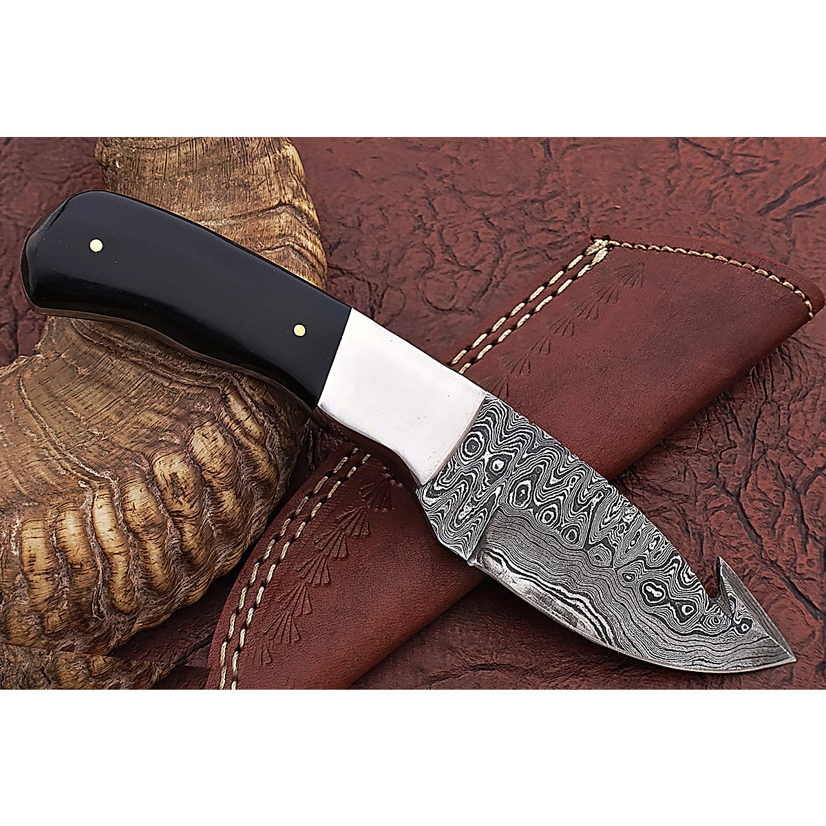 HUNTEX Handmade Hand-Forged Ladder Pattern Damascus Steel 8 Inch Long Full Tang Natural Buffalo Horn Handle Razor Sharp Hunting Camping Gut Hook Knife w/Genuine Leather Pouch