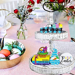 Easter Tiered Tray Decor Set: 7 Pieces Thick Wooden Stand Sign for Tabletop Spring Decorations, Farmhouse Rustic Mini Ornaments for Home Kitchen Table Top Housewarming [Tray Not Included]