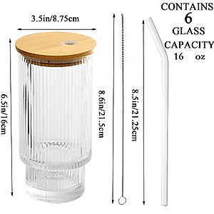 CAYOREPO 6 Pcs Set 16oz Ribbed Drinking Glasses with Bamboo Lids and Straws, Ribbed Glass Cups, Stackable Glasses, Vintage Water Glasses for Juice, Beer, Coffee, Tea and Cocktail (Clear (6Pcs))