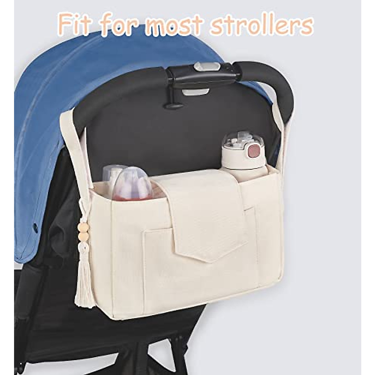 Mkono Stroller Organizer Accessories Baby Stroller Caddy Baby Diaper Cup Essentials Storage Adjustable Straps to Fit Most Stroller Rods and Handles, Ivory