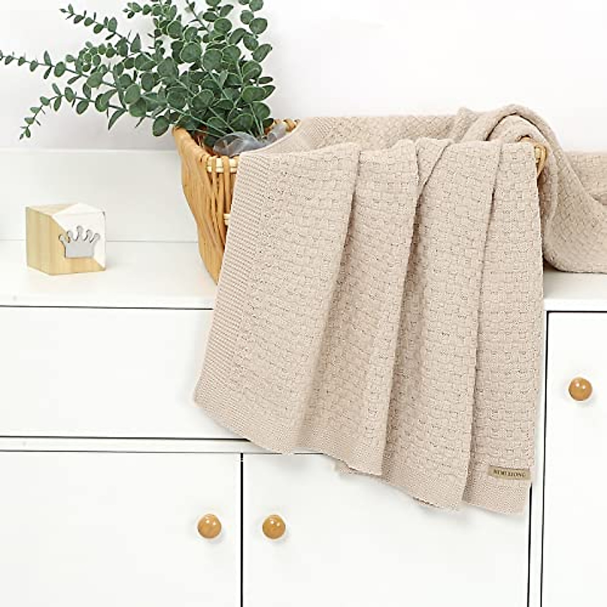 LAWKUL Knit Baby Blanket Cotton Cable Beige Receiving Swaddle Nursery Blankets Crochet Gender Blanket for Newborn Boy Girls
