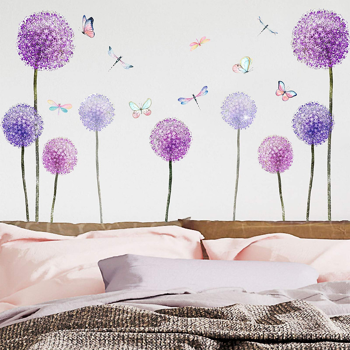 Dandelion Plant Wall Decals, Flying Violet Flowers Butterflies Dragonfly Wall Stickers, DILIBRA Removable Peel and Stick DIY Art Vinyl Mural for Classroom Kids Bedroom Bathroom Nursery Home Decor