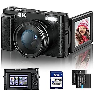 4K Digital Camera for Photography and Video Autofocus Anti-Shake, 48MP Vlogging Camera with SD Card, 3'' 180° Flip Screen Compact Camera with Flash, 16X Digital Zoom Travel Camera (2 Batteries)
