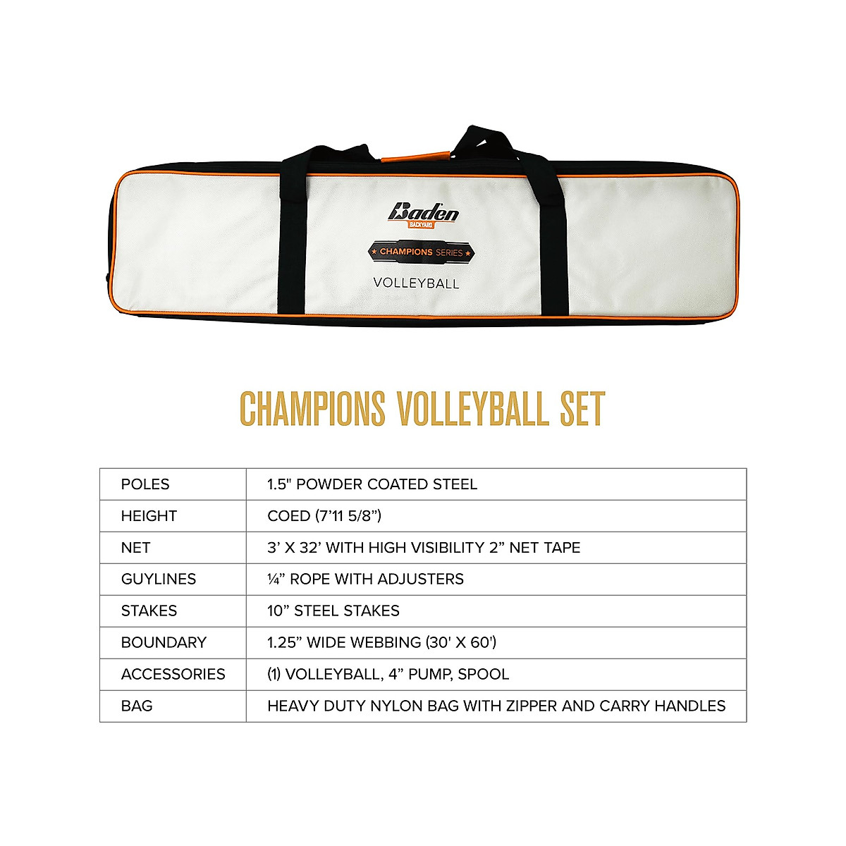 Baden Champions Volleyball Net Set | Volleyball Bag, Adjustable Poles, Volleyball Ball & Pump, & Boundary Lines | Portable Volleyball Net for Backyard or Outdoor Activities for Men, Women & Kids