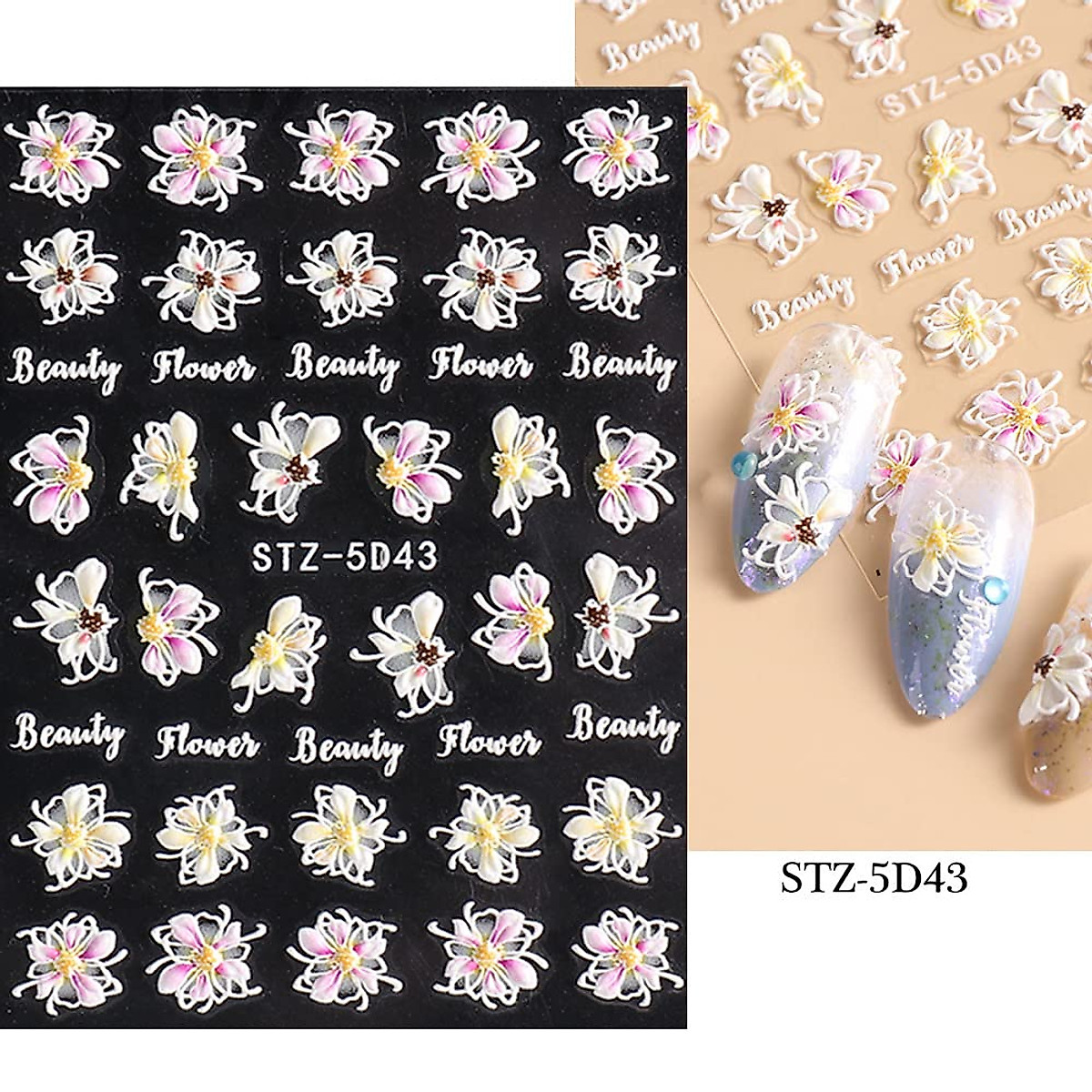 3D Embossed Spring Flower Nail Art Stickers Decals 4 Sheets 5D Self-Adhesive Pegatinas Uñas Pink Cherry Blossoms Floral Nail Supplies Nail Art Design Decoration Accessories