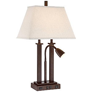 Possini Euro Design Deacon Modern Desk Table Lamp with USB and AC Power Outlet in Base Gooseneck LED 26" High Bronze Rectangular Linen Shade for Living Room Bedroom House Bedside Nightstand Home