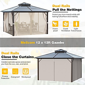MELLCOM 12'x12' Hardtop Gazebo with Polycarbonate Double Roof, Aluminum Frame Outdoor Gazebo Permanent Pavilion with Curtains and Netting for Patio, Lawn & Garden