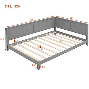 Full Size Daybed, Wood Full Low Bed Frame with Headboard and Sideboard, Wooden Floor Sofa Bed with Slats Support for Kids Room, Bedroom, Living Room, Gray