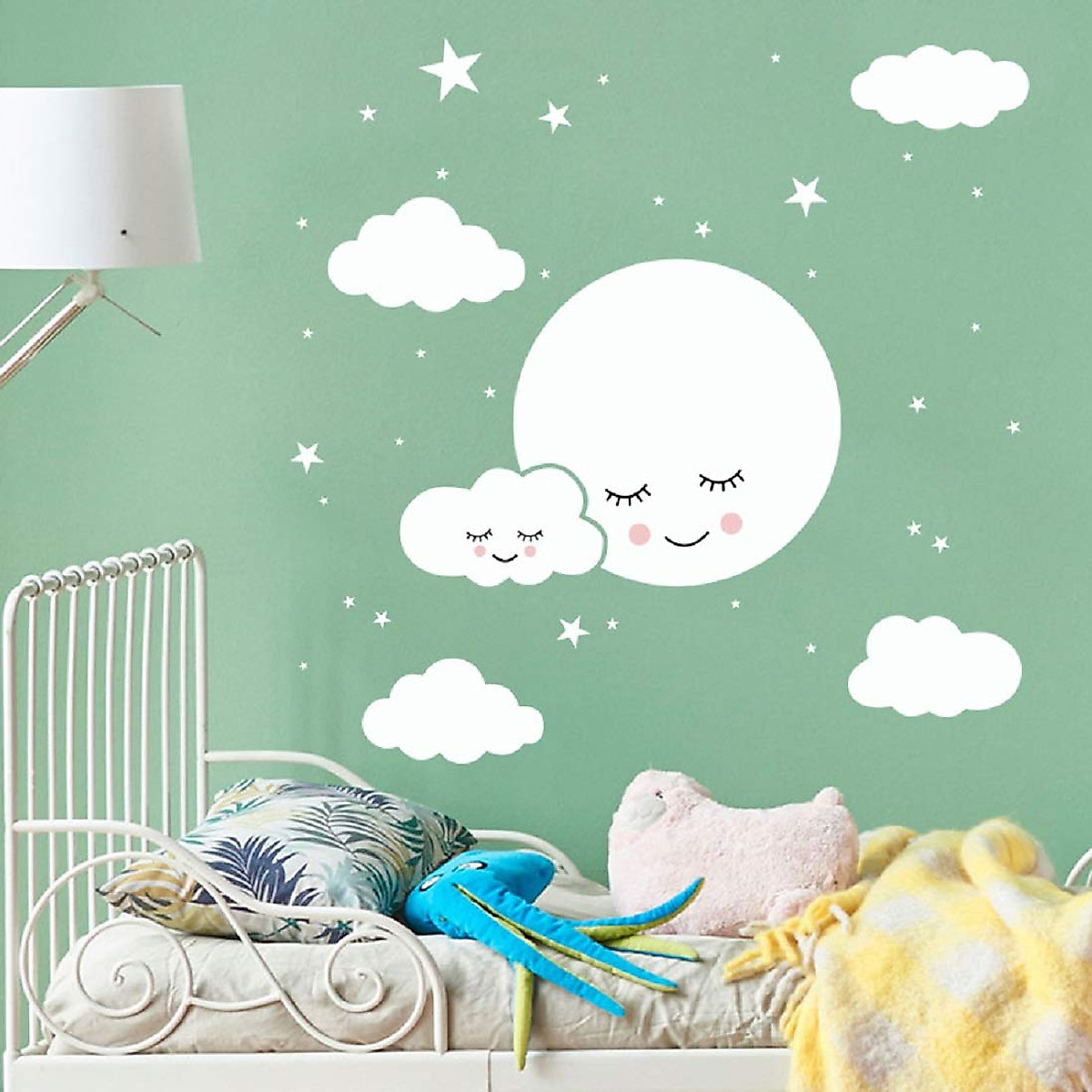 Smiling Moon Stars Clouds Wall Decals Peel and Stick Stickers Art Mural Decor for Home Dorm Party Nursery