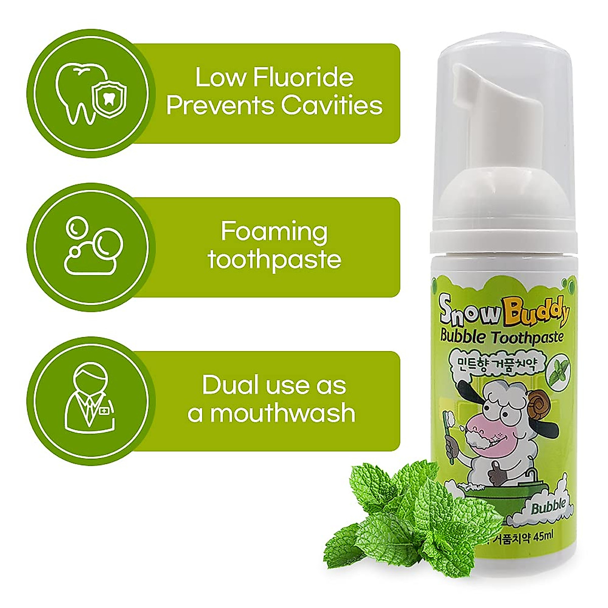 SnowBuddy Foam Toothpaste Kids - Mint Flavors - 1 Pack, Anti Cavity with Low-Fluoride, for u-Shape Toothbrush and Mouthwash for Dental Care