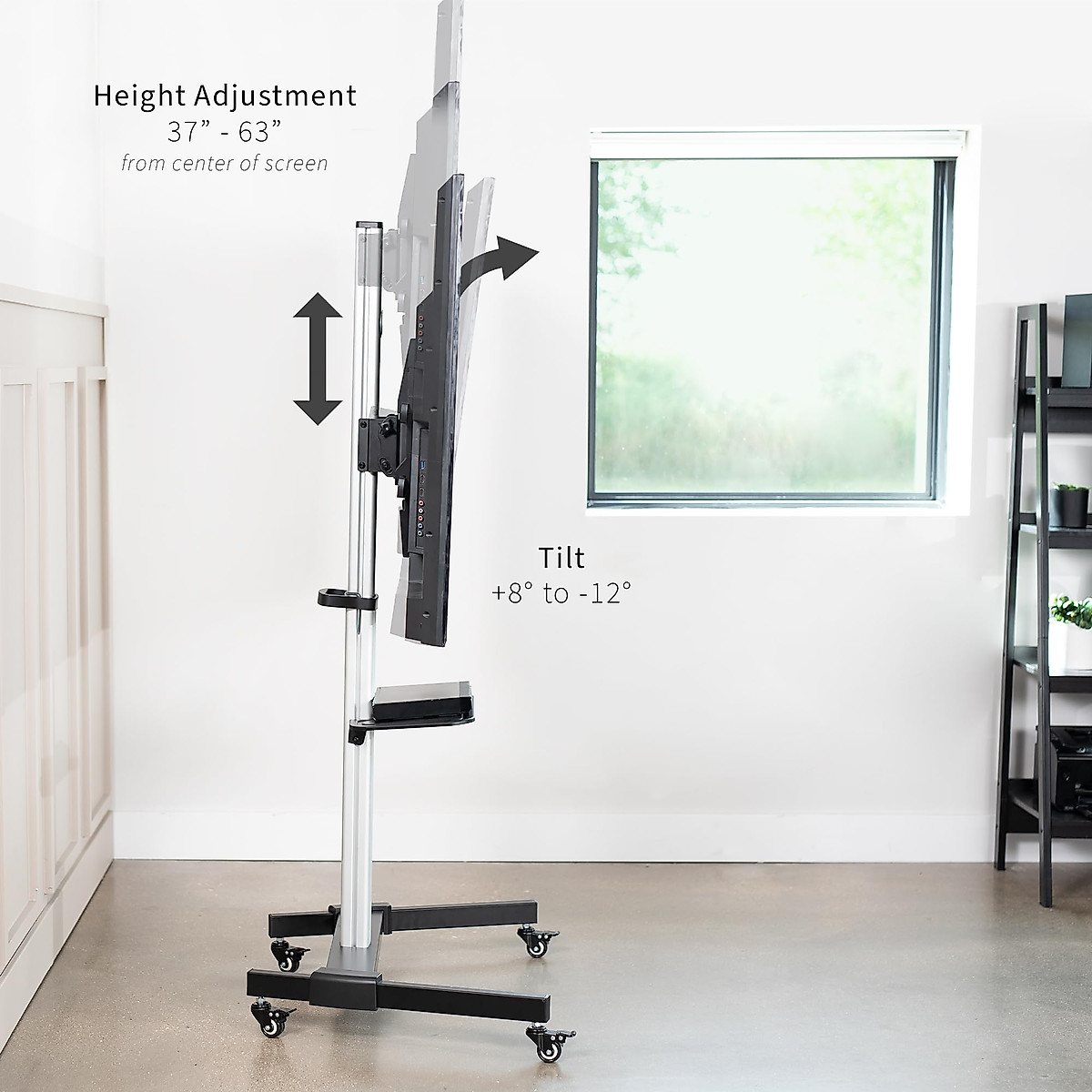 VIVO Aluminum Mobile TV Cart for 32 to 83 inch Screens up to 110 lbs, LCD LED OLED 4K Smart Flat, Curved Panels, Heavy Duty Stand with DVD Shelf, Locking Wheels, Max VESA 600x400, Silver, STAND-TV09