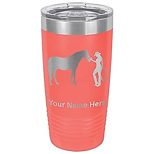 LaserGram 20oz Vacuum Insulated Tumbler Mug, Horse and Cowgirl, Personalized Engraving Included (Coral)