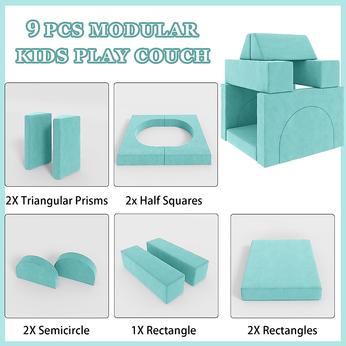 DEYGIA Modular Kids Play Couch, 9PCS Kids Couch for Playroom Bedroom, 9 in 1 Multifunctional Kids Sofa for Playing, Creativing, Sleeping, Indoor Toddler Couch for Boys and Girls (Ice-Snow Blue)