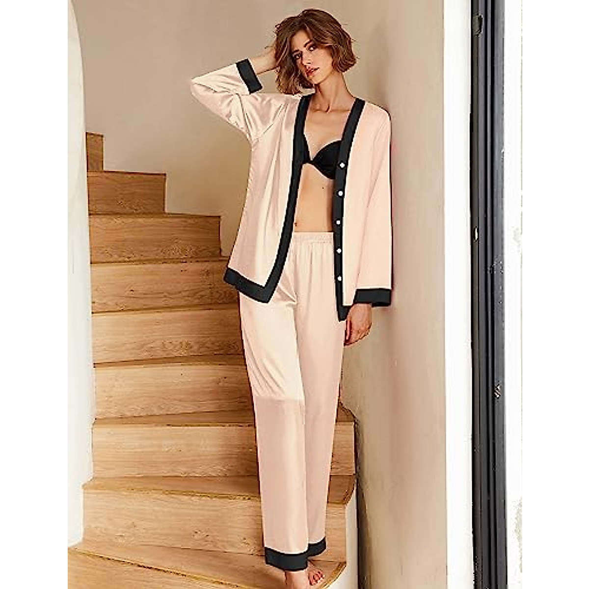 Ekouaer Satin Pajamas Silk Pjs Sets Button Down Sleepwear Set Winter Pajamas for Women with Pockets,Champagne,L