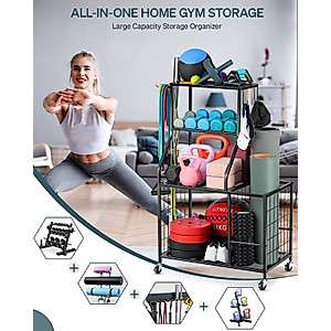 Weight Rack For Dumbbells Storage - Home Gym Storage Yoga Mat Storage Rack Workout Equipment Storage Rack for Kettlebells, Multifunction Exercise Equipment Gym Rack Organizer with Wheels and Hooks