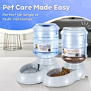 Flexzion Automatic Pet Feeder & Waterer Set of 2 Pack, Self Feeding Replenish Dog Cat Bowls, Gravity Food & Water Storage Container Fountain Jug Pet Supplies Plastic Skid Proof Rubber Feet (1 Gallon)