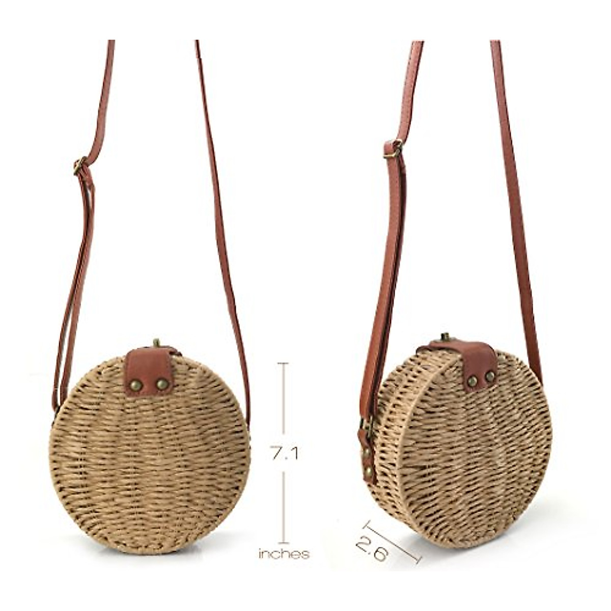 Round Straw Handwoven Shoulder Bag Women Cross body Bag for Summer Holiday (Brown)