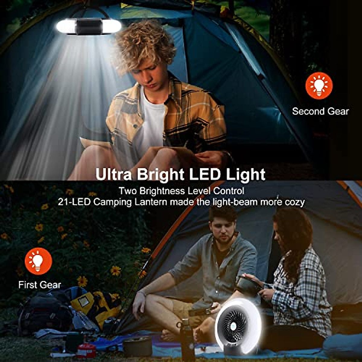 Camping Fan, Tent Fan with Hanging Hook Portable Fan with Light Mini USB Fan,Standing Cooling Fan,Hanging,Fishing,Hiking Ceiling Fan led Camp Lantern Fan Silenced Sleep Fan Outdoor Indoor (Grey)