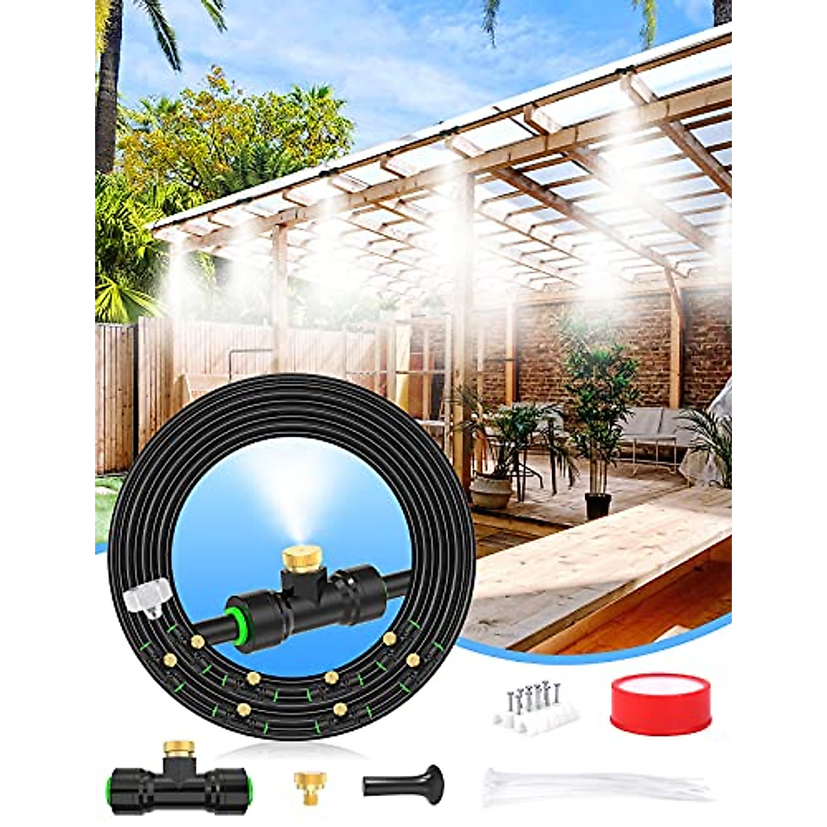 Lekit Misters for Outside Patio 27.5FT(8.4M)+8 Brass Mist Nozzles+a Brass Adapter(3/4") Detachable Outdoor misting Cooling System for Garden, Waterpark, Greenhouse, Backyard