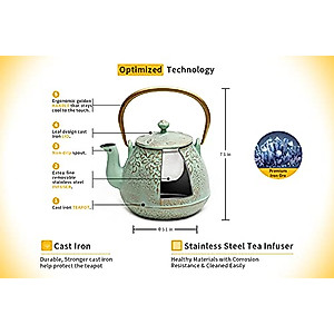 Tea Kettle, TOPTIER Japanese Cast Iron Teapot with Stainless Steel Infuser, Cast Iron Tea Kettle Stovetop Safe, Leaf Design Teapot Coated with Enameled Interior for 32 Ounce (950 ml), Light Green