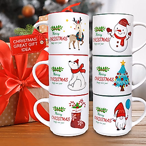 QIKSION Christmas Mugs Set of 6, 14oz Cute Ceramic Coffee Mugs, Stackable Christmas Coffee Mugs as Christmas Gifts for Family, Friends and Colleagues