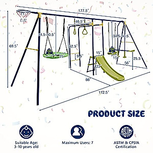 Costzon 660 lbs Swing Sets for Backyard, 7-in-1 Heavy Duty Extra Large Metal Swing Frame w/2 Swings, Glider, Gym Rings, Slide, Monkey Bar, Basketball Hoop, Play Equipment for Indoor Outdoor Gift Kids