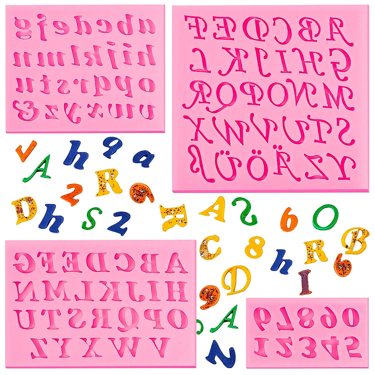 4 Pieces Christmas Letters Silicone Mold Number Silicone Mold Uppercase Letters Silicone Fondant Mold Lowercase Letters Chocolate Mold Handmade Soap Mold Biscuit Ice Cube Tray for Desserts (Pink)