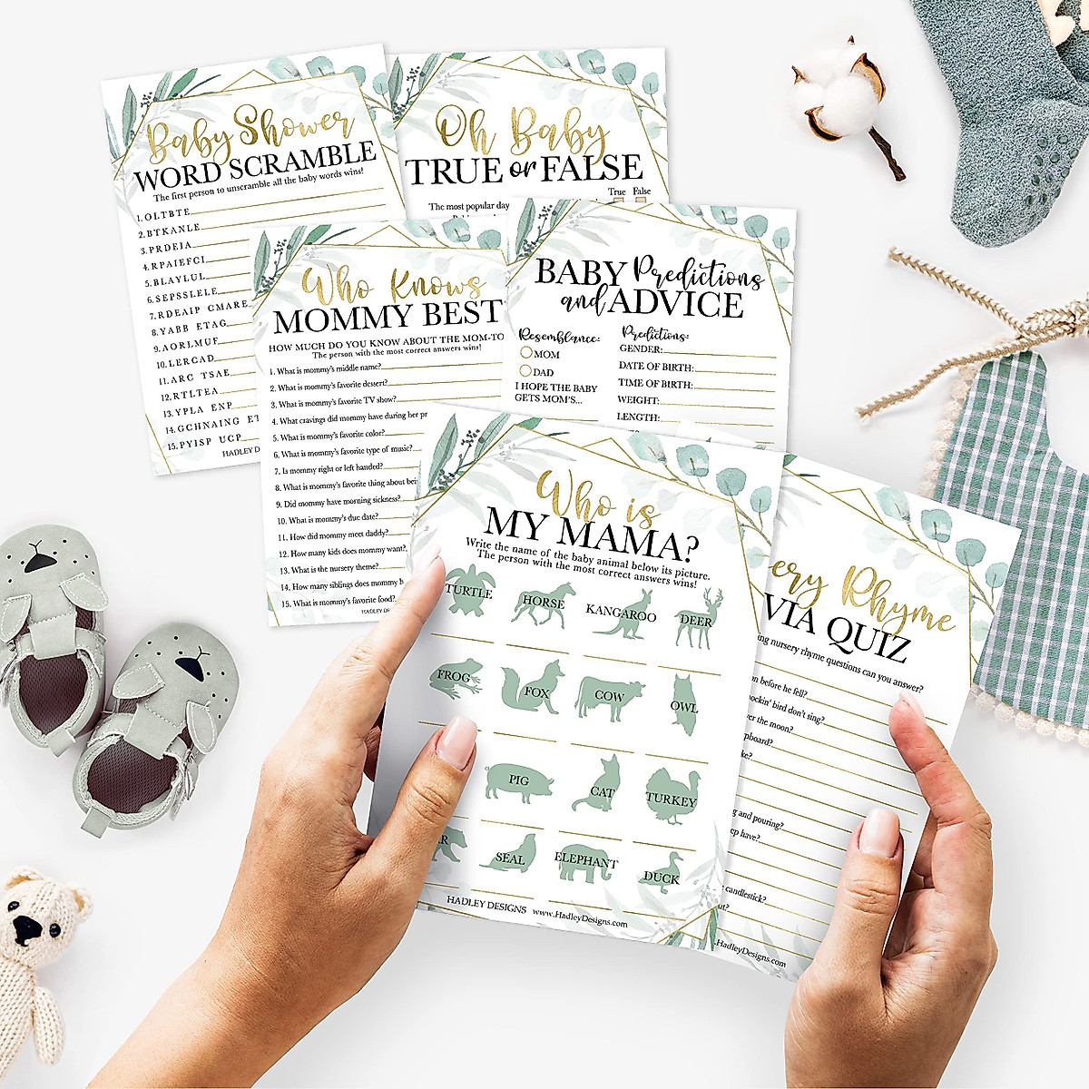 25 Greenery Animal Matching, 25 Nursery Rhyme Game, 25 Word Scramble For Baby Shower, 25 True Or False Game, 25 Who Knows Mommy Best, 25 Baby Prediction And Advice Cards - 6 Double Sided Cards