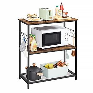 VASAGLE Bakers Rack, Kitchen Shelf, Kitchen Island, Microwave Oven Stand with 3 Open Shelves, 6 Hooks, Metal Frame, 15.7 x 31.5 x 35.4 Inches, Industrial, Rustic Brown and Black UKKI002B01