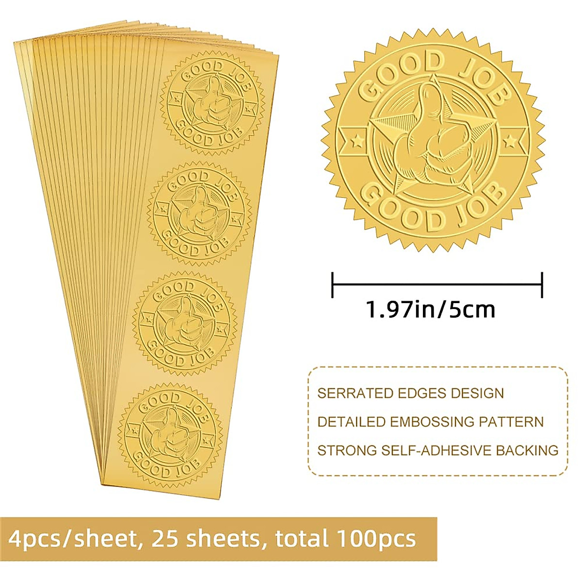CRASPIRE 2 Inch Gold Embossed Envelope Seals Stickers Good Job 100pcs Adhesive Embossed Foil Seals Stickers Label for Wedding Invitations Gift Packaging