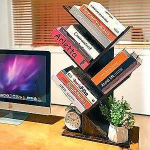 HXXUYY 4 Tier Tree Bookshelf Free Standing Bookcase Rust Brown Storage Book Self for Books,Albums,CDs,Magazines, Wooden Morden Book Storage Rack Display for Office/Livingroom/Bedroom