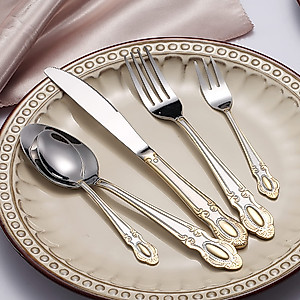 Copper Silverware Set, Flatware Cutlery Set, Stainless Steel Tableware Eating Utensils, Silverware Set for 4, Perfect for Wedding or Party, Mirror Finish Dishwasher Safe,Flower handle,rose gold 20pcs