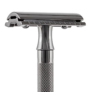 Merkur Double Edge Safety Razor, Straight Cut, Extra Long Handle, Black PVD Coated, 1 ct.