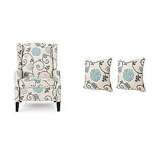Christopher Knight Home Westeros Traditional Wingback Fabric Recliner Chair (White & Blue Floral) and Ippolito Fabric Pillows, 2-Pcs Set, White and Blue Floral